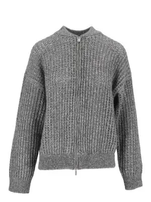 Peserico Crewneck Zipped Cardigan With Sequin Embellishment - Grey