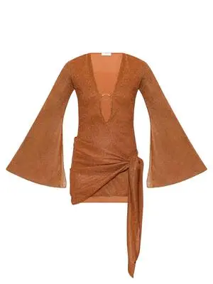 Oseree Lurex Mini Dress With Deep V-neck And Ring Detail - Orange