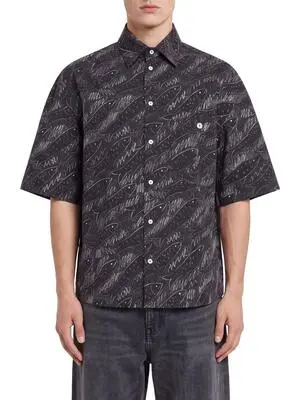 Jacquemus Short-sleeve Cotton Shirt With An All-over Graphic Print - Black