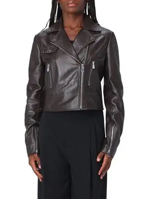 Pinko Cropped Lamb Nappa Biker Jacket With Asymmetric Zip - Brown