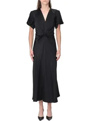 Victoria Beckham Satin V-neck Ruched Midi Dress - Black