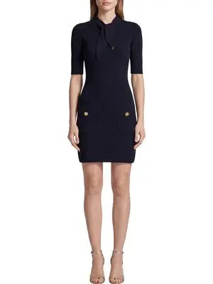 Elisabetta Franchi Knit Mini Dress With Pussy-bow Collar And Pockets - Blue