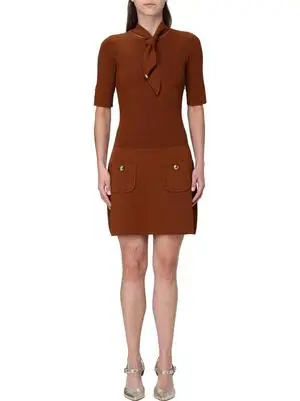 Elisabetta Franchi Knit Mini Dress With Pussy-bow Collar And Pockets - Tobacco