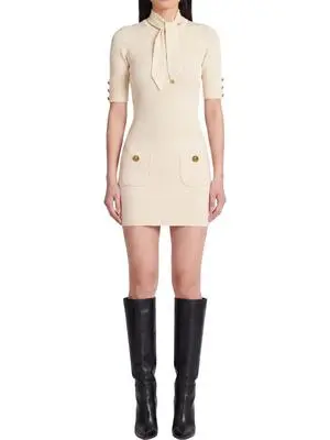 Elisabetta Franchi Knit Mini Dress With Pussy-bow Collar And Pockets - White