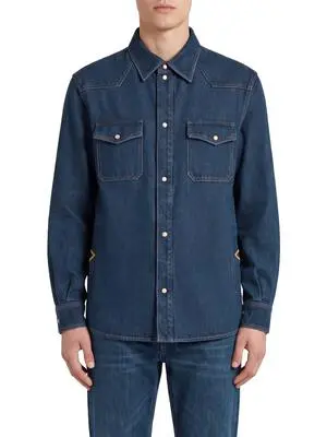 Valentino Garavani Slim Fit Cotton Denim Shirt With Metallic Logo - Blue