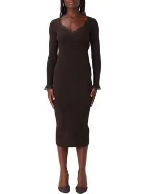 TWINSET Ribbed-knit V-neck Midi Dress With Lace Inserts - Brown