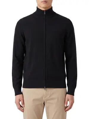 BOSS Slim Fit Virgin Wool Zip-up Turtleneck Cardigan - Black