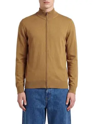 BOSS Slim Fit Virgin Wool Zip-up Turtleneck Cardigan - Brown