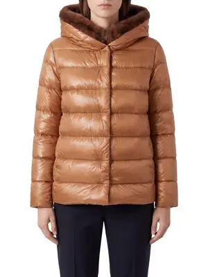 Herno Water-repellent Nylon Down Jacket With Shearling Hood - Camel
