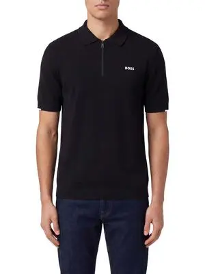 BOSS Cotton Knit Zip-up Polo Shirt - Black