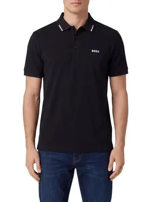 BOSS Short-sleeved Cotton Polo Shirt With Contrasting Logo - Black