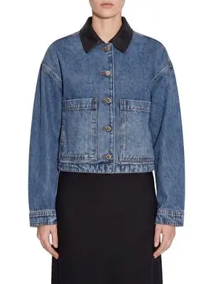 ANINE BING Denim Jacket With Leather Collar And Drop Shoulder - Blue