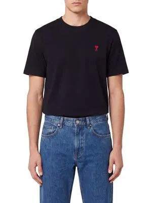 AMI Paris Organic Cotton Crewneck T-shirt With Ami De Coeur Embroidery Blue