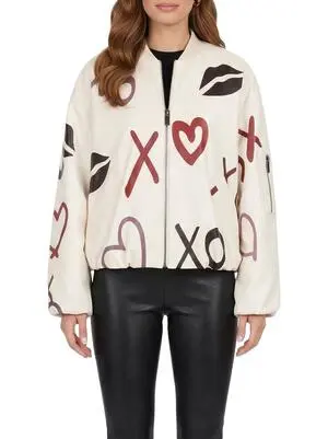 Gorski Genuine Nappa Leather Bomber Zip Jacket - White/xo Multi