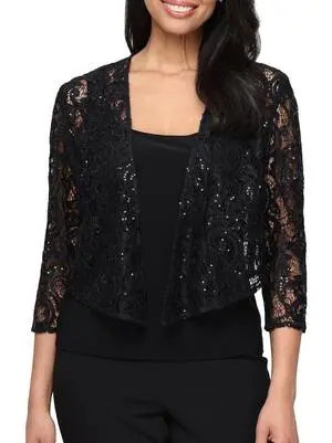 Alex Evenings Three-quarter Sleeve Stretch Sequin Lace Cover-up Jacket - Black