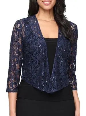 Alex Evenings Three-quarter Sleeve Stretch Sequin Lace Cover-up Jacket - Navy