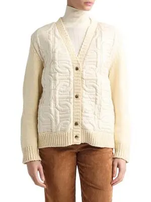 Moncler Mixed Media Quilted Cotton Blend Cardigan - Beige