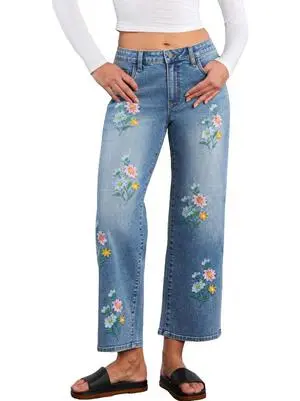 BILLY T Floral Embroidered Straight Leg Jeans - Relaxed Blue