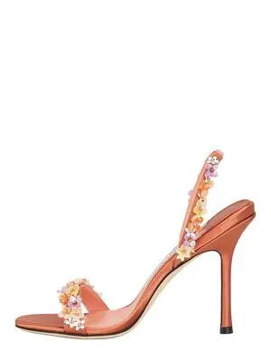 JIMMY CHOO Embellished Floral Slingback Stiletto Sandals - Grapefruit & Multi