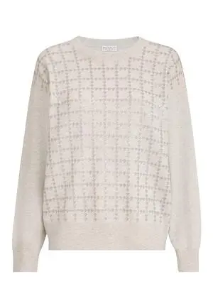 Brunello Cucinelli Cashmere Houndstooth Sequin Sweater - White