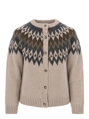 Max Mara Targa Jacquard Crewneck Cardigan - Light Brown