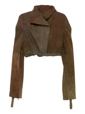 YEHUAFAN Cropped Buckled Denim Jacket - Brown