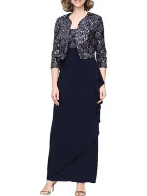 Alex Evenings Matte Jersey Two-piece Gown With Sequined Bolero Jacket - Navy