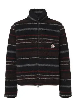 Moncler Striped Wool-blend Fleece Zip-up Cardigan - Black