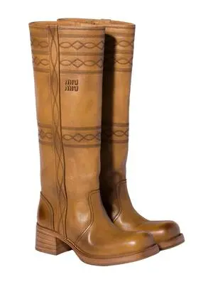 Miu Miu Embroidered Leather Knee-high Boots - Light Tan
