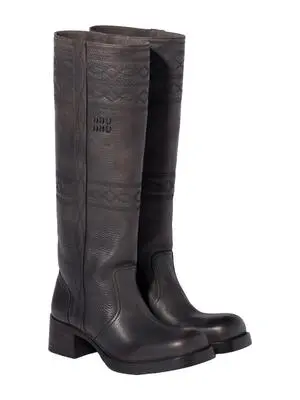 Miu Miu Miu Miu Embroidered Leather Boots Anthracite Gray