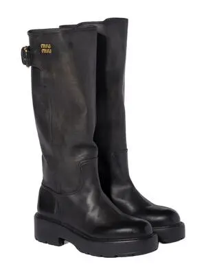 Miu Miu Knee High Leather Boots With Buckle Detail - Black