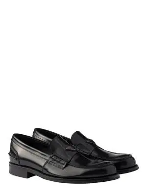 Prada Brushed Leather Loafers With Enameled Triangle Logo - Black