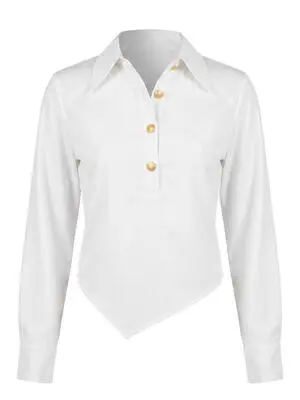 MODENAIRE Collared Button Front Blouse With Asymmetrical Hem - White
