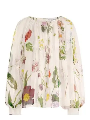 Oscar De La Renta Mixed Botanical Silk Chiffon Blouse - Ivory