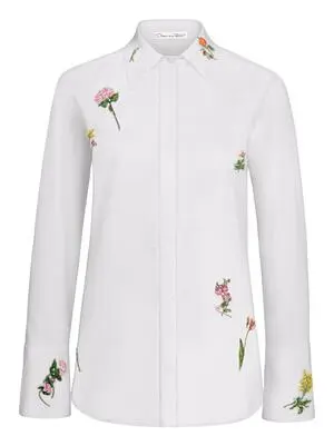 Oscar De La Renta Beaded Mixed Botanical Stretch Twill Blouse - White