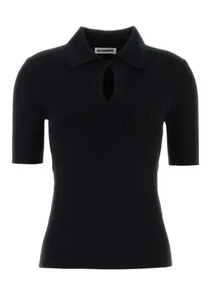 JIL SANDER Ribbed Virgin Wool Polo Shirt - Black
