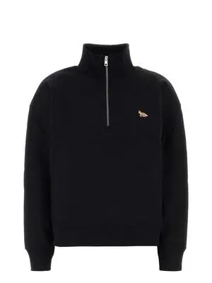 Maison Kitsuné Half Zip Stand Collar Sweatshirt With Embroidered Fox Logo - Black