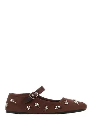 Miu Miu Embellished Ballerina Flats With Buckled Strap - Brown