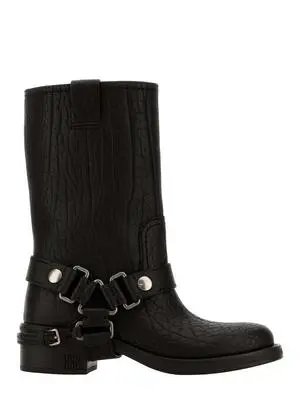 Miu Miu Black Leather Buckled Ankle Boots - Brown