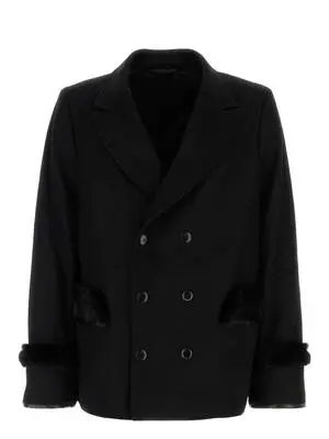 Random Identities Double Breasted Wool Blend Jacket With Fur Trim - Black
