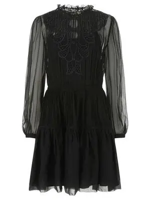 Alberta Ferretti Sheer Chiffon Mini Dress With Lace Detail - Black