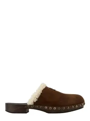 Miu Miu Suede Shearling Lined Clogs - Brown