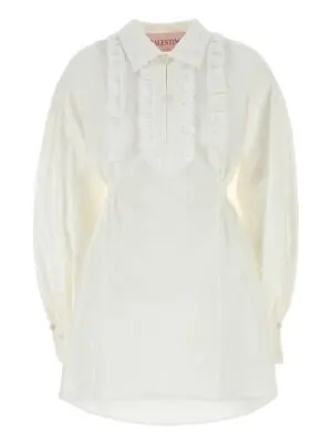 Valentino Garavani Cotton-linen Shirt Dress With Ruffled Detail - White
