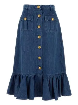 Valentino Garavani VALENTINO GARAVANI Button-Detailed Denim Midi Skirt With Ruffle Hem Light Blue