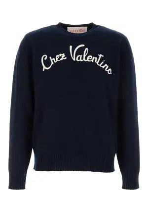 Valentino Garavani Navy Wool Knit Sweater With "chez " Embroidery - Blue