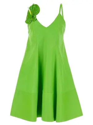 Loewe Fluo Leather Mini Dress With Floral Embellishment - Green