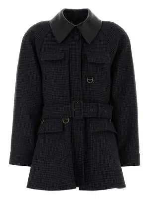 CHLOÉ CHLOE Embroidered Checked Wool Jacket With Leather Collar