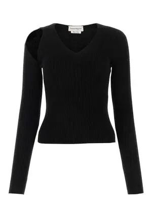 Alexander McQueen Alexander McQueen Wool Blend Ribbed V-Neck Cutout Sweater Black