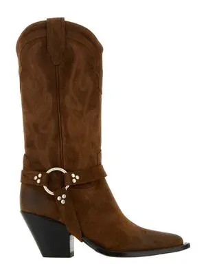 SONORA Western Suede Belted Heeled Boots - Brown