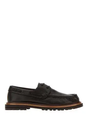 Fendi Calf Leather Loafers With Embossed Logo - Brown